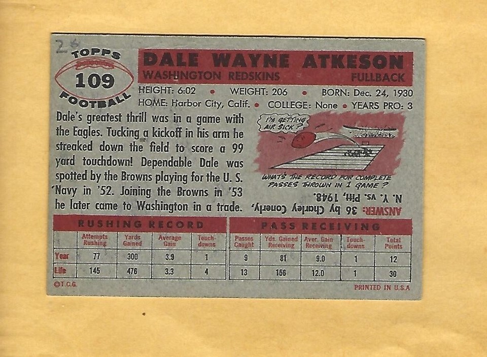 1956 topps # 109 DALE ATKESON washington redskins SHORT PRINT ex minus ...