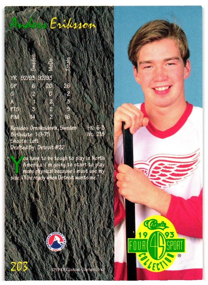 1993 Classic Four Sport #203 Anders Eriksson Detroit Red Wings | eBay