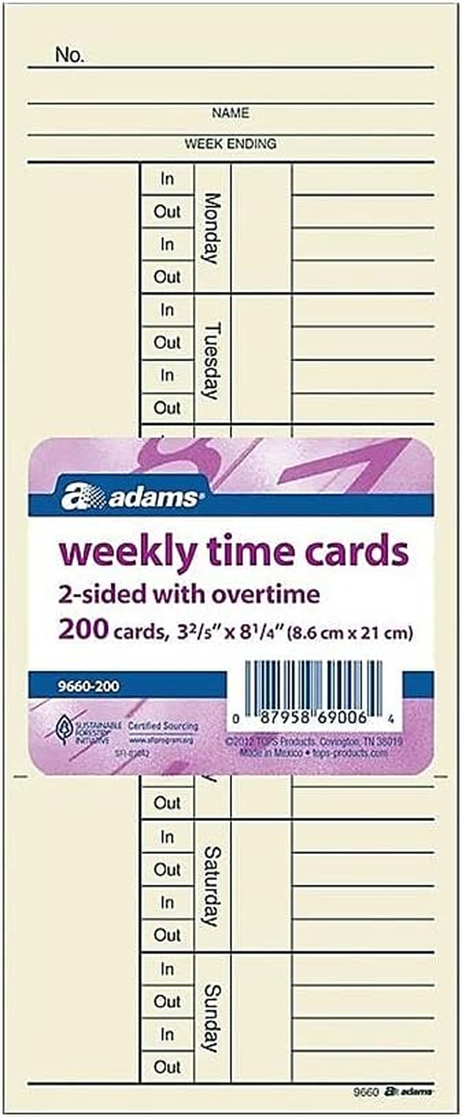 Time Cards, Weekly, 2-Sided, Overtime Format, Manila, 200-Count (9660 ...