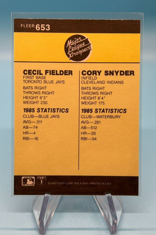 1986 Fleer Cecil Fielder Cory Snyder Rookie Card #653 RC | eBay