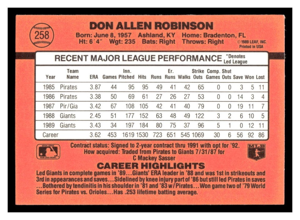 1990 Donruss #258 Don Robinson - San Francisco Giants | eBay