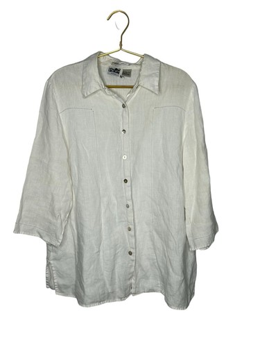 EDWARD Shirt Womens 1X Irish Linen Button Up 3/4 Sleeve Blouse White | eBay