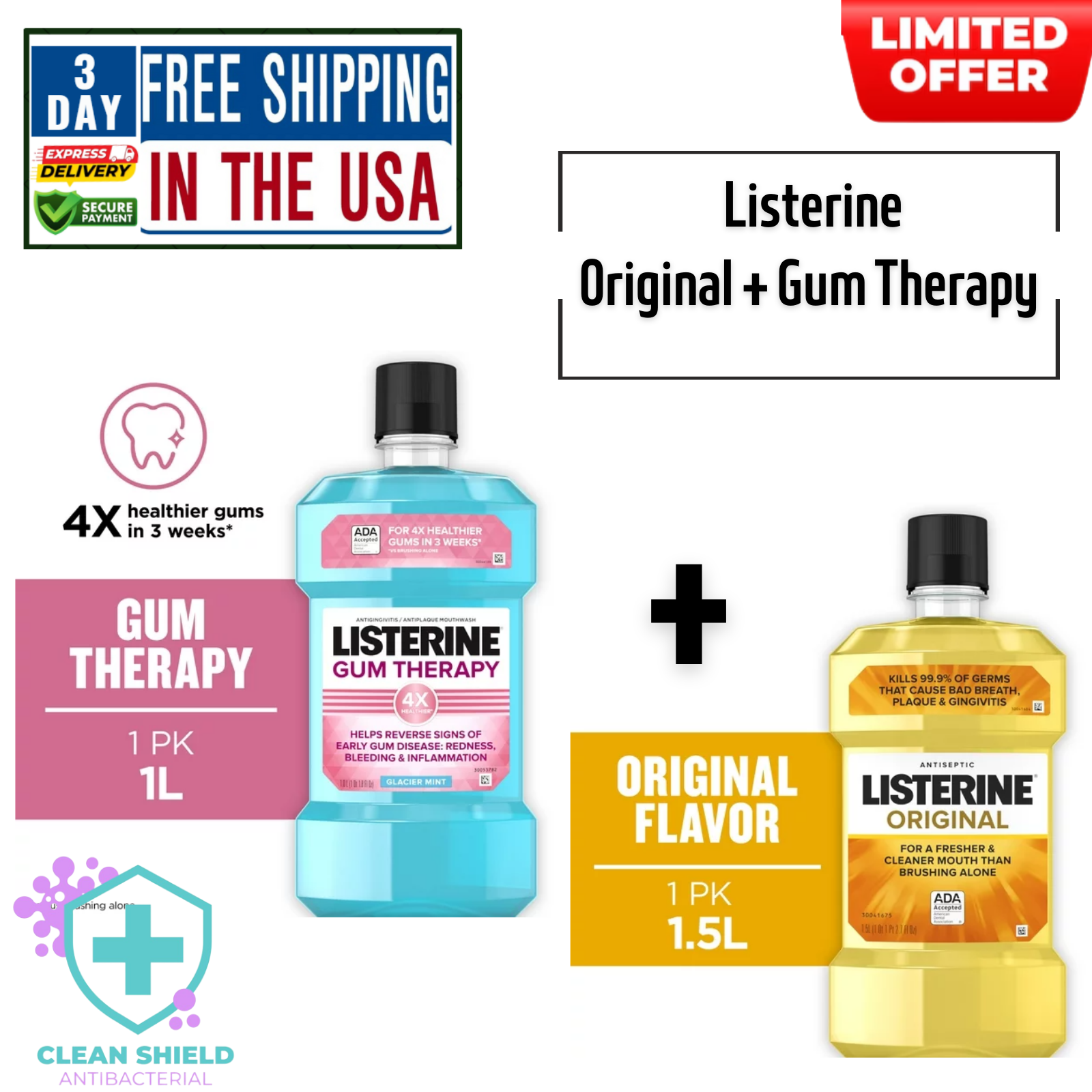Listerine Original Antiseptic Mouthwash/Mouth Rinse 1.5 L + Gum Therapy ...