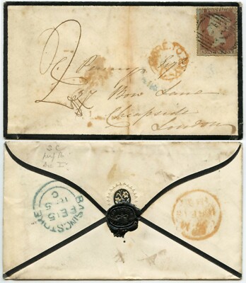 EARLY POST OFFICE SEAL GB 1855 BASINGSTOKE NUMERAL 52 + POSTAGE DUE ...