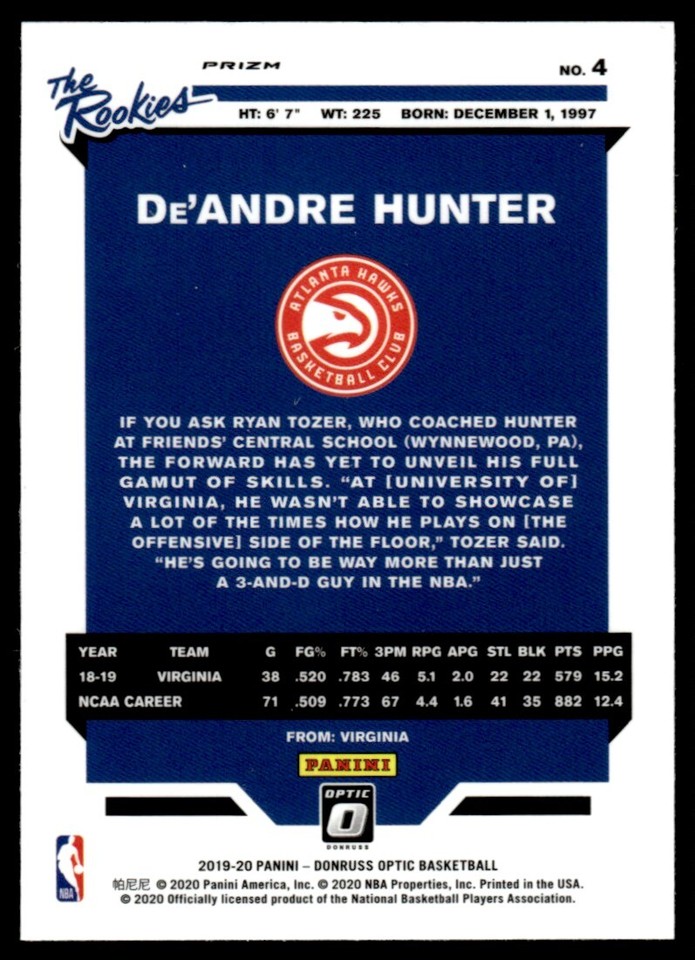 2019-20 Optic the Rookies Holo De'Andre Hunter Rookie Atlanta Hawks #4 ...