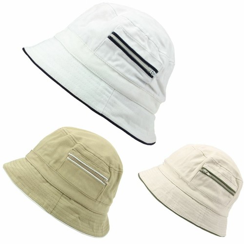 Bucket Hat Zip Pockets Contrast Trim Beige White Summer Sun Oasis ...