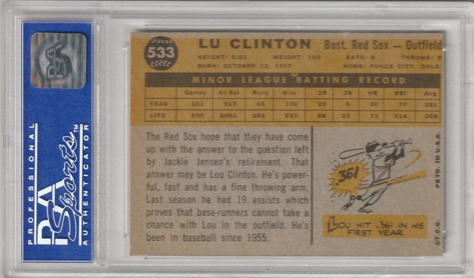 1960 TOPPS BASEBALL #533 LOU LU CLINTON PSA 7 (NM) BOSTON RED SOX High ...