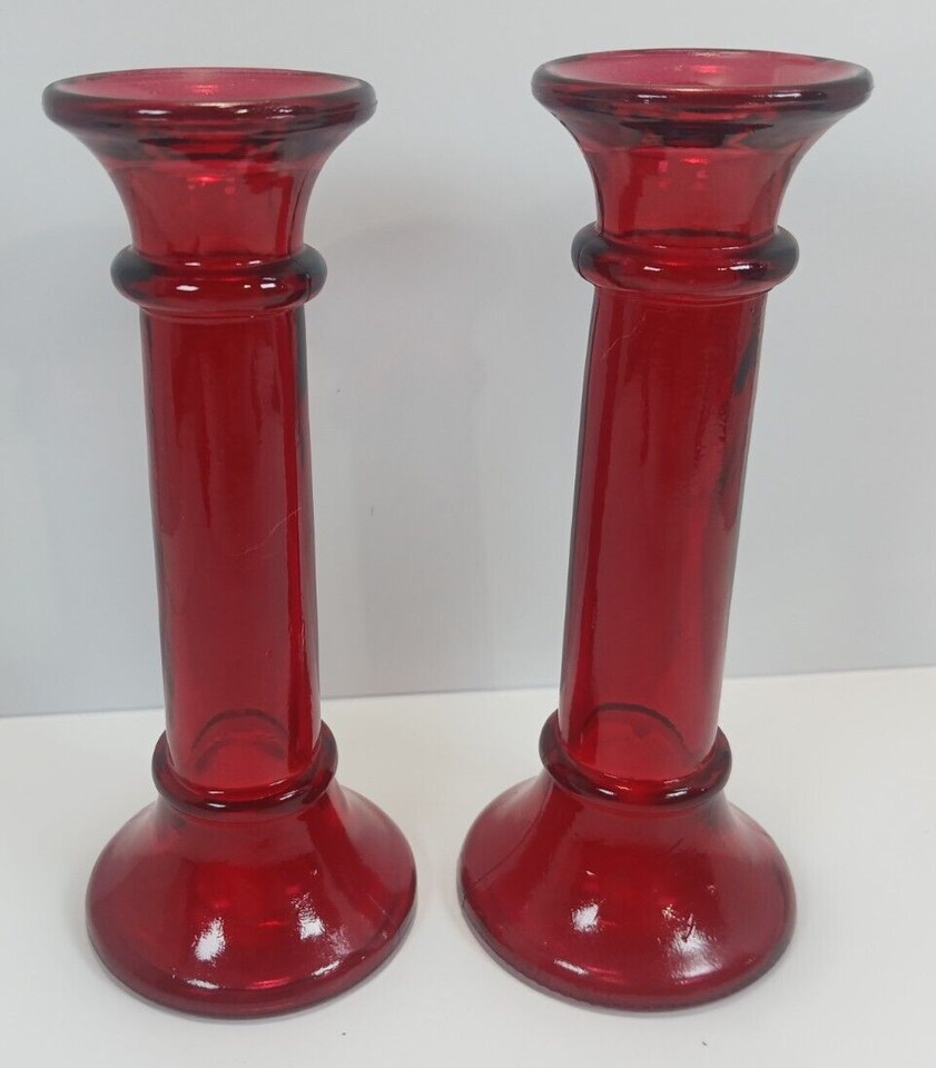 Vintage Indiana Glass Ruby Red Flash 7" Candlestick Holders | eBay