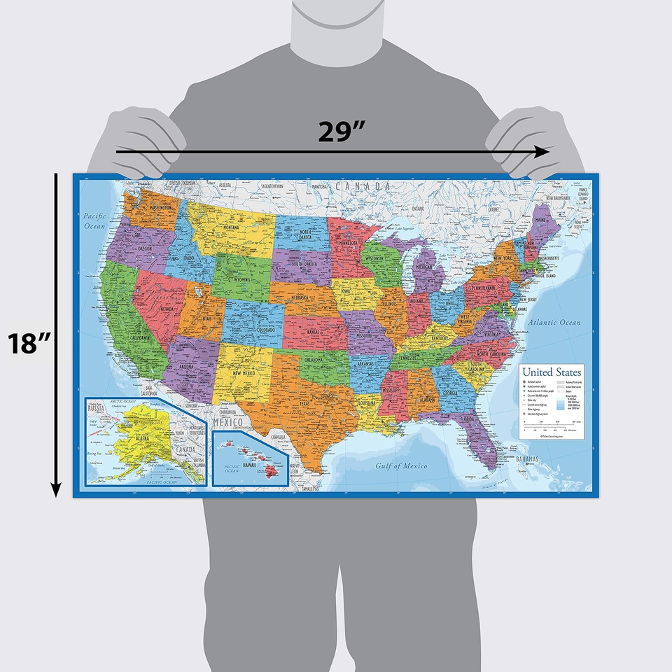 Palace Learning Laminated USA Map - 18" X 29" - Wall Chart Map of the ...