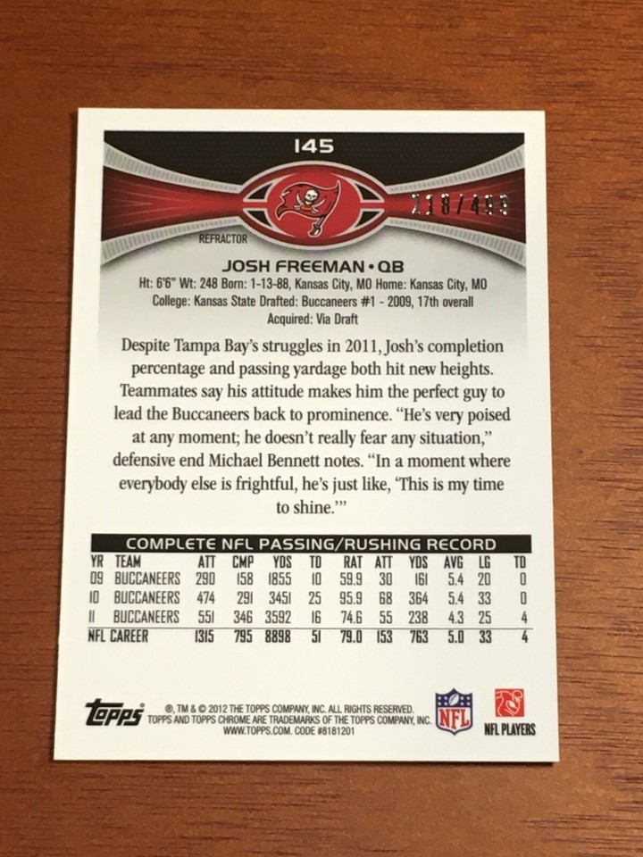 Josh Freeman 2012 Topps Chrome Purple Refractor #145 /499 Tampa Bay ...