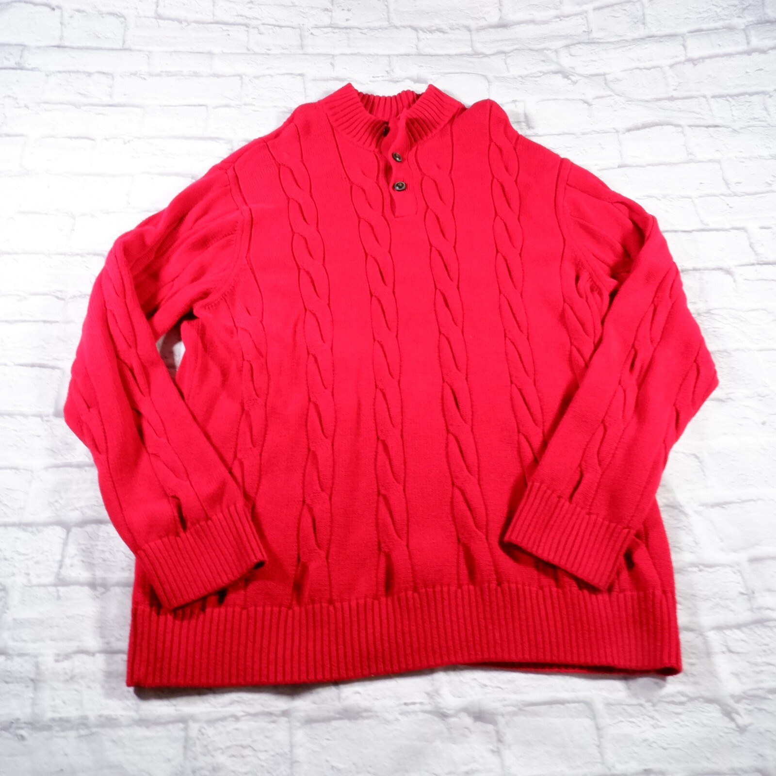 Chaps Red Cotton Cable Knit Pullover Button Long Sleeve Mens Sweater ...