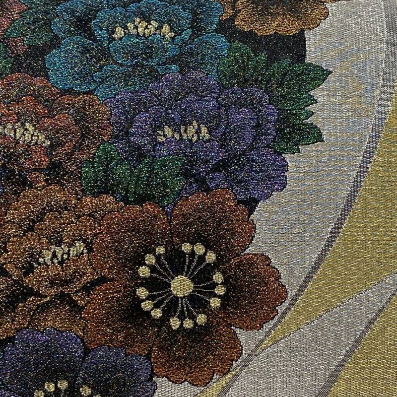 Japanese Silk Fukuro obi Grass and flowers Geometry Foil Gin Iro ...
