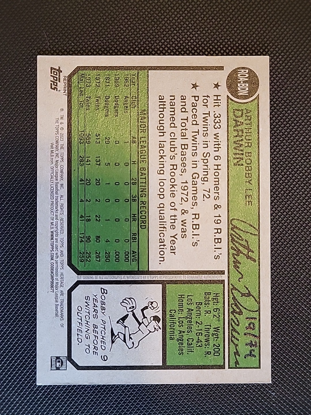 Bobby Darwin 2023 Topps Heritage Real One Red Ink Auto 19/74 Autograph ...