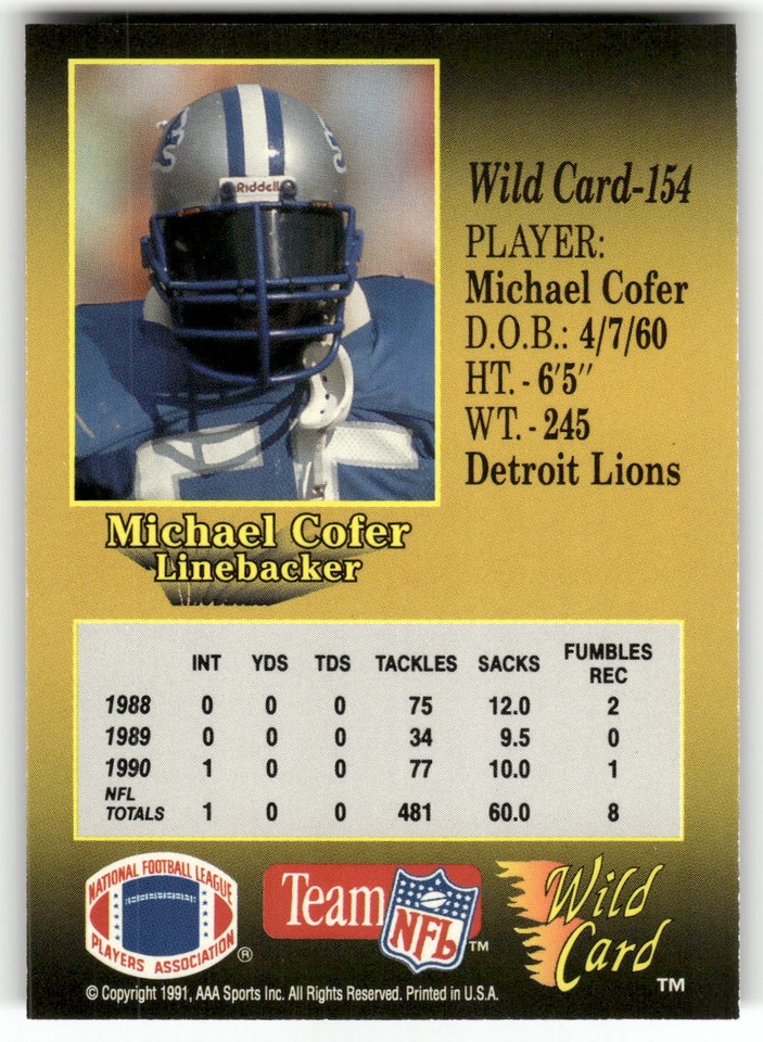 1991 Wild Card #154 Michael Cofer Detroit Lions | eBay
