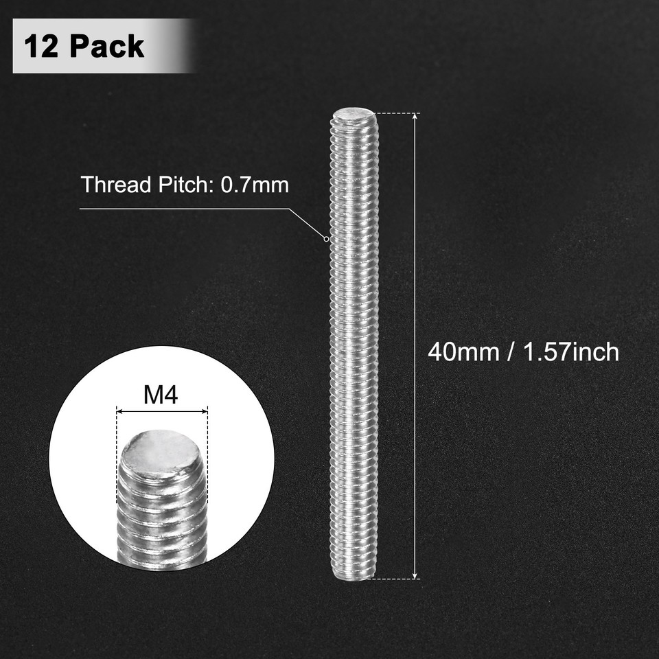 12-Pack Fully Threaded Rod, M4x40mm Stainless Steel Right Hand Thread ...