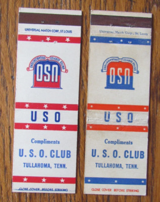 UNITED SERVICE ORGANIZATIONS MATCHBOOK COVERS: USO CLUB TULLAHOMA ...