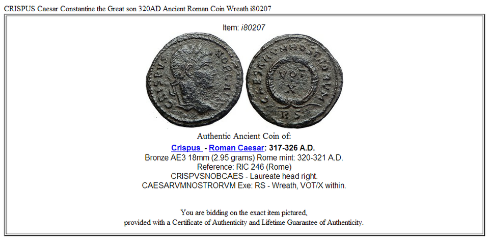 CRISPUS Caesar Constantine the Great son 320AD Ancient Roman Coin ...