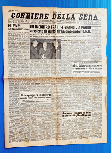 CORRIERE DELLA SERA 7 NOVEMBRE 1951 ASSEMBLÉE ONU - ADENAUER - MOSSADEQ ...