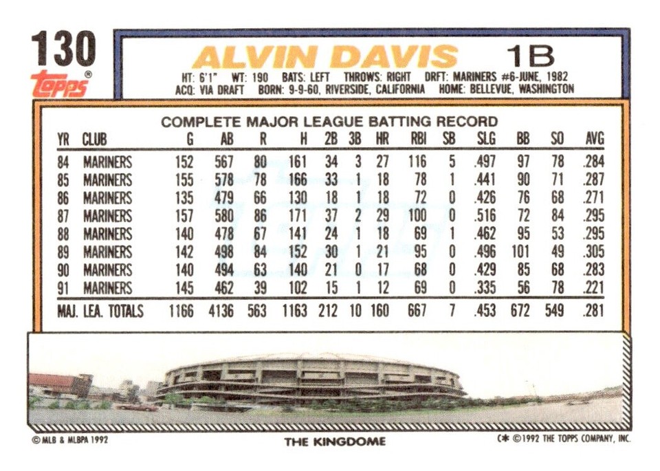 1992 Topps #130 Alvin Davis - Seattle Mariners | eBay