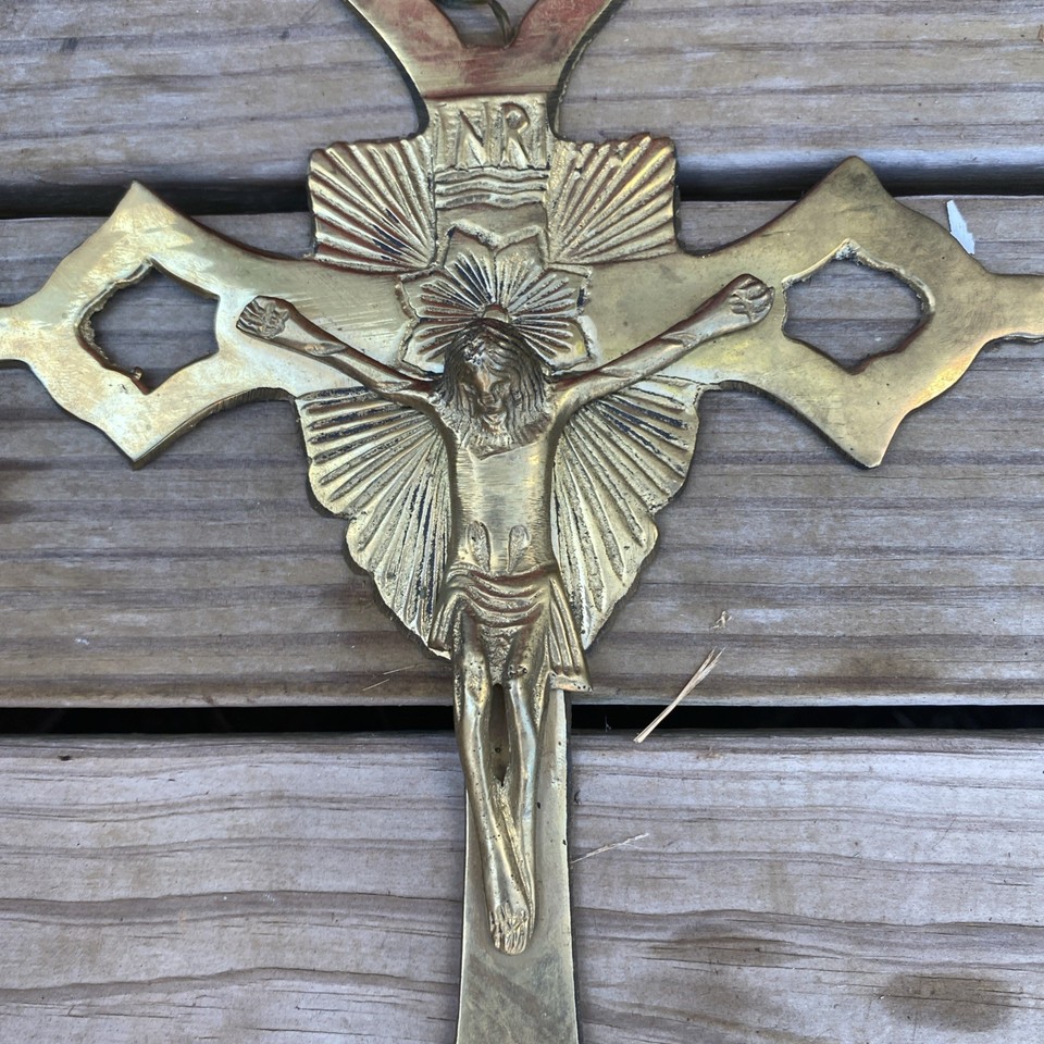 JESUS CHRIST Holy Cross INRI WALL CRUCIFIX Filigree BRASS Antique ...