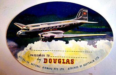 Australian National Airways Baggage Label Sticker Douglas DC-3 5in x 3 ...