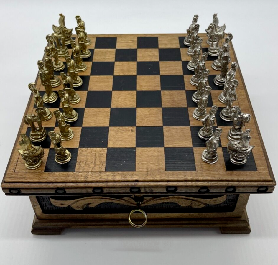 Trojan Metal Chess Pieces With Hidden Compartment Boxed Wooden Chess ...