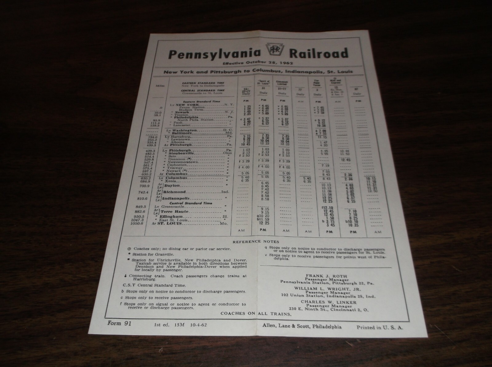 OCTOBER 1962 PRR PENNSYLVANIA RAILROAD FORM 91 COLUMBUS CINCINNATI ST ...