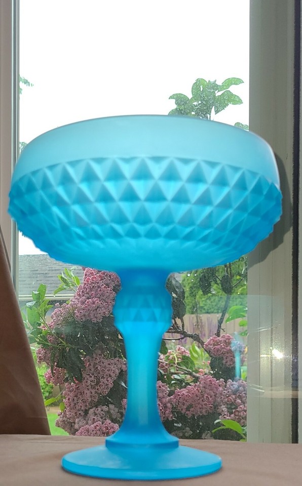 Vintage Indiana Glass Satin Blue Diamond Point Candy Dish on Pedestal ...