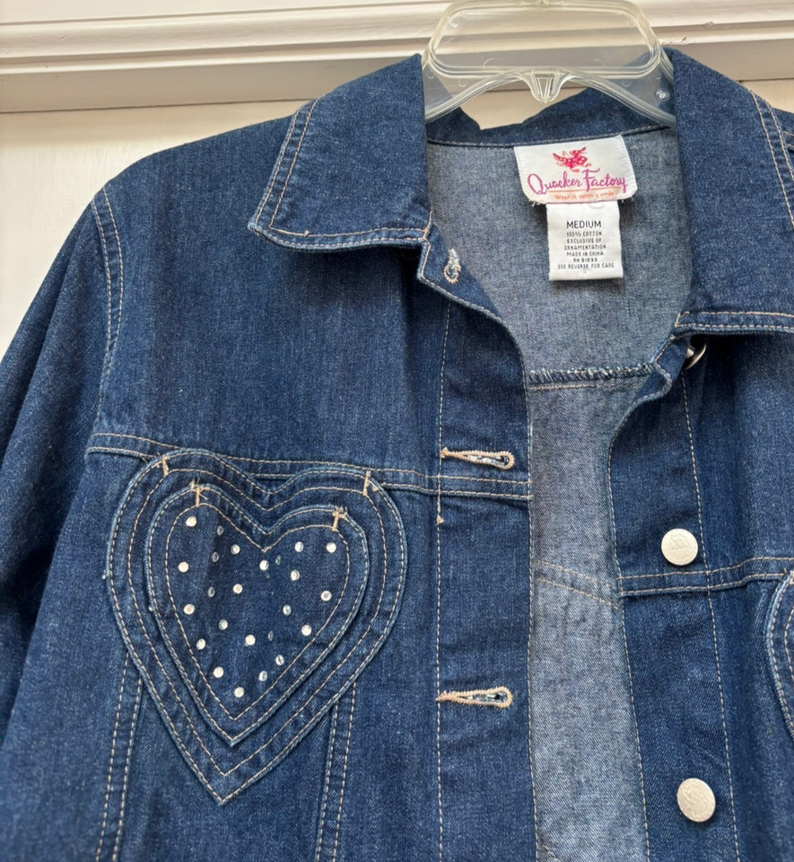 Quacker Factory Womens Jacket M Denim Button beaded heart | eBay