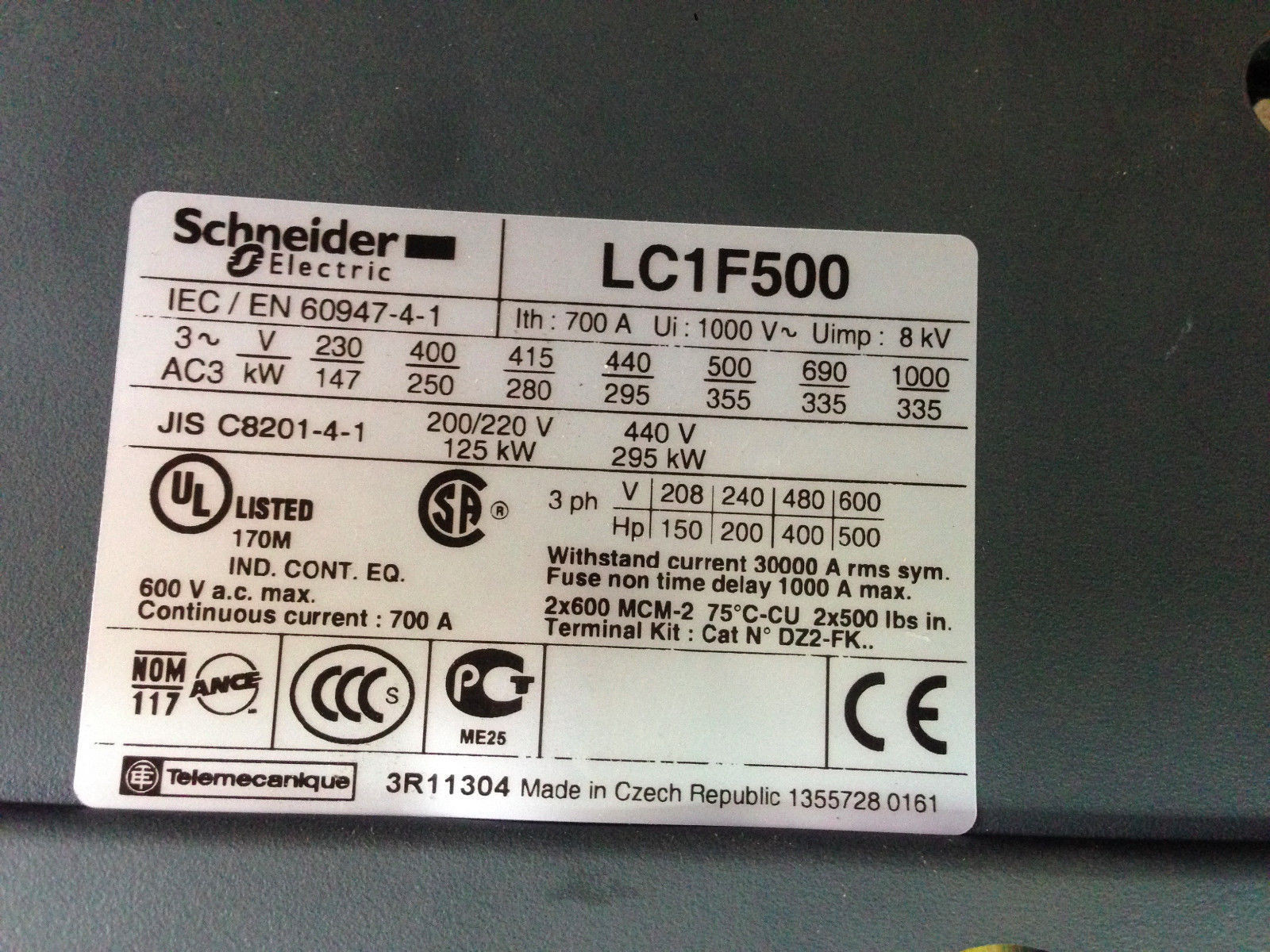 SCHNEIDER ELECTRIC / TELEMECANIQUE LC1F500 TeSys F contactor 3P 440V ...