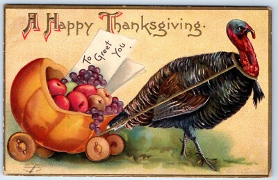 A Happy Thanksgiving To Greet You Turkey Pulling Pumpkin Cart Fruit ...