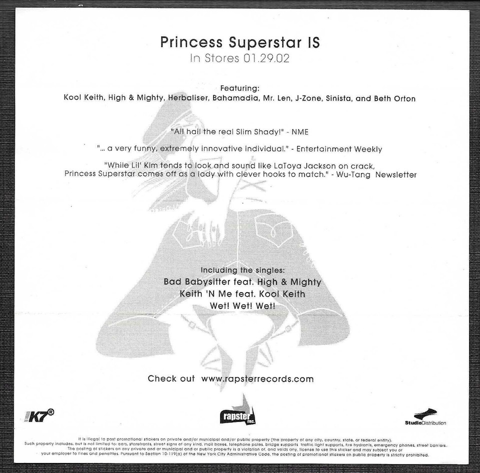 PRINCESS SUPERSTAR Rare VINTAGE 2002 Large PROMO STICKER DECAL 5x5 of ...