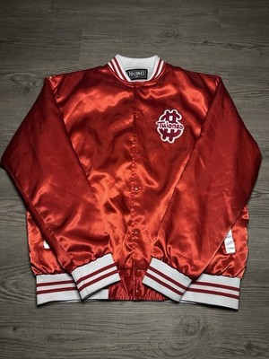 Tulones Jacket Men’s Size Large Red Satin Bomber Snap Button Logo Mesh ...