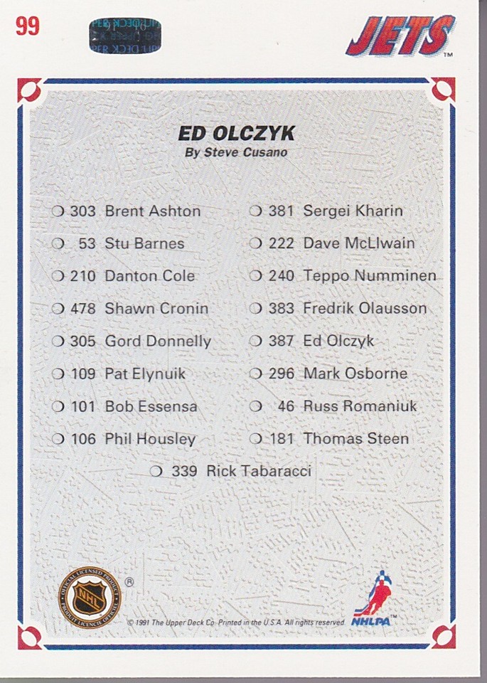Ed Olczyk 1991-92 Upper Deck Checklist #99 Winnipeg Jets Hockey Card | eBay