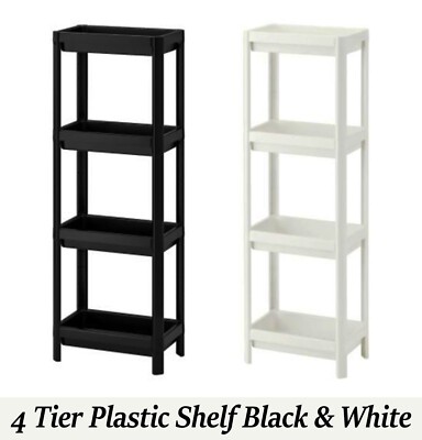4 Tier Plastic Shelving Unit White Black Kitchen Bathroom Organizer ...