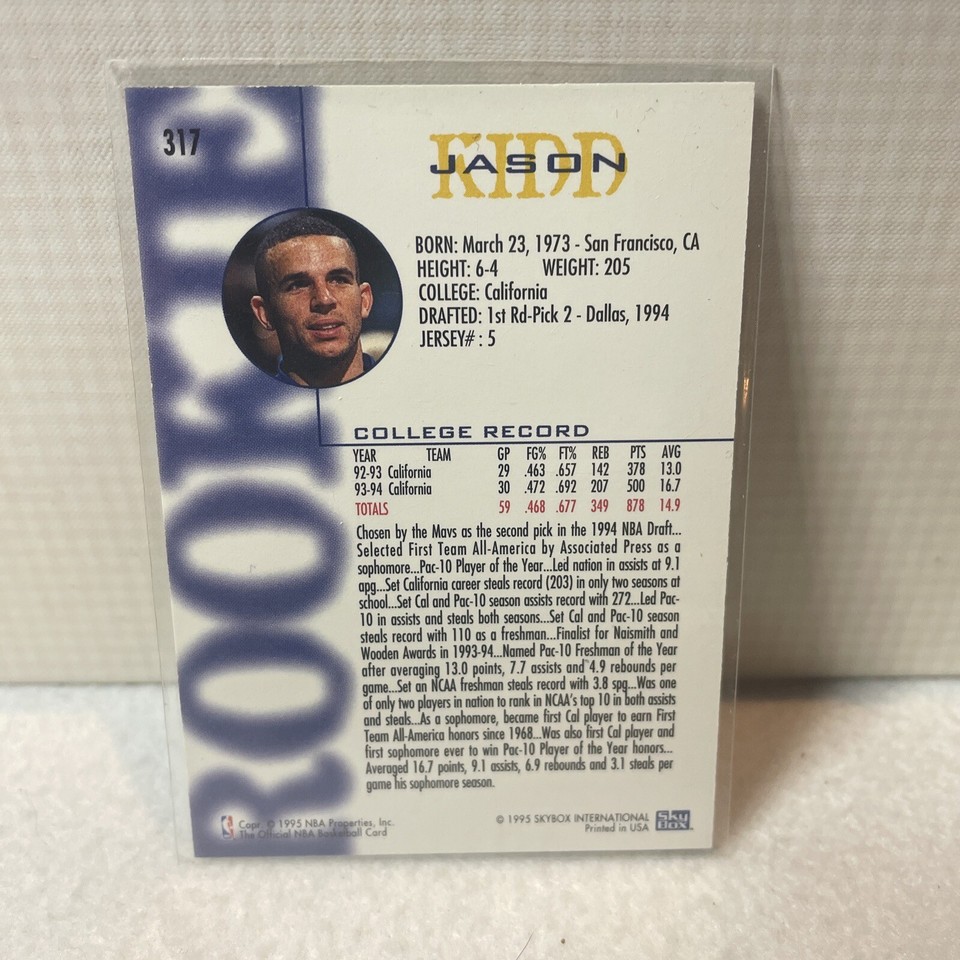 Jason Kidd Rookie Card 1995 SkyBox Hoops Basketball #317 Mavericks PWE ...