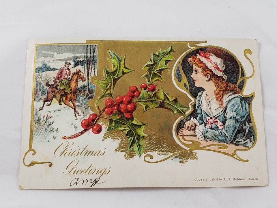 C 1907 Man Horse Tree Christmas Greetings Maiden Girl Waiting Robbins ...