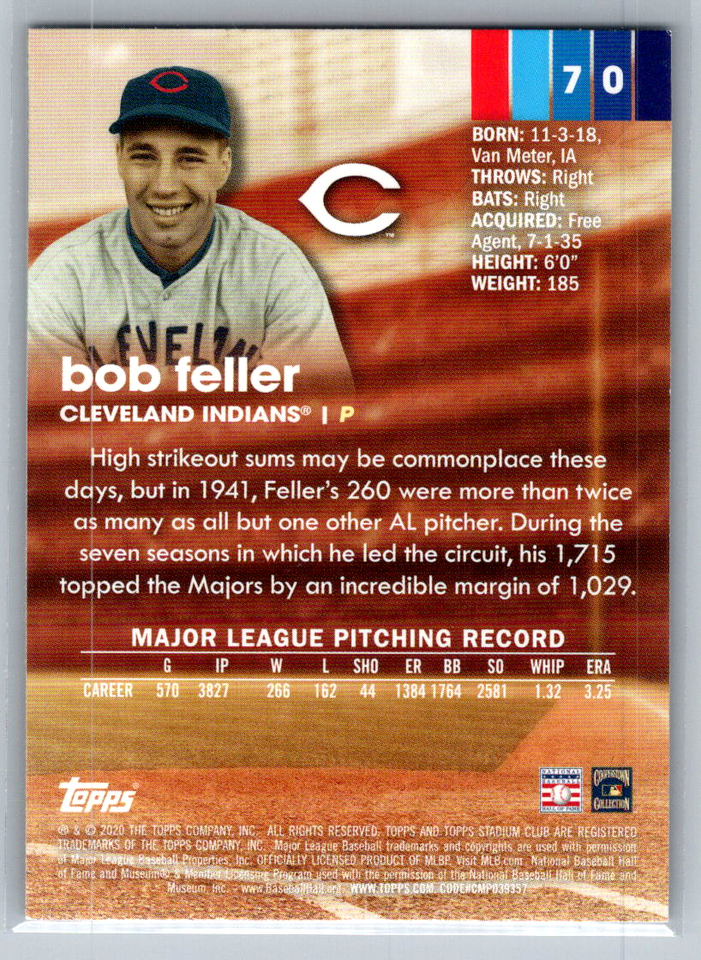 2020 Topps Stadium Club Bob Feller #70 Cleveland Indians | eBay