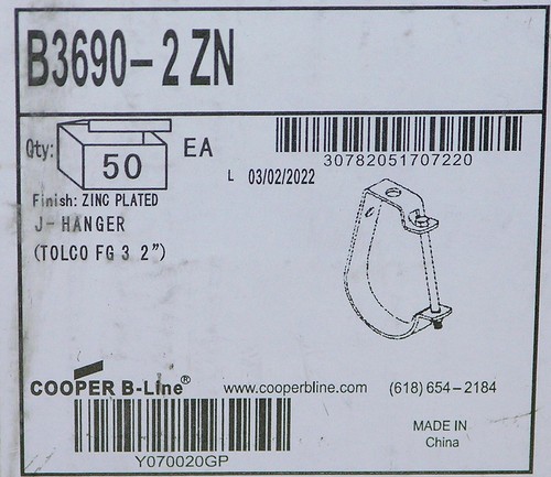 Eaton Adjustable J-Hanger B3690-2 ZN, 2 in Pipe, 3/8-16 Rod, 400 lb ...