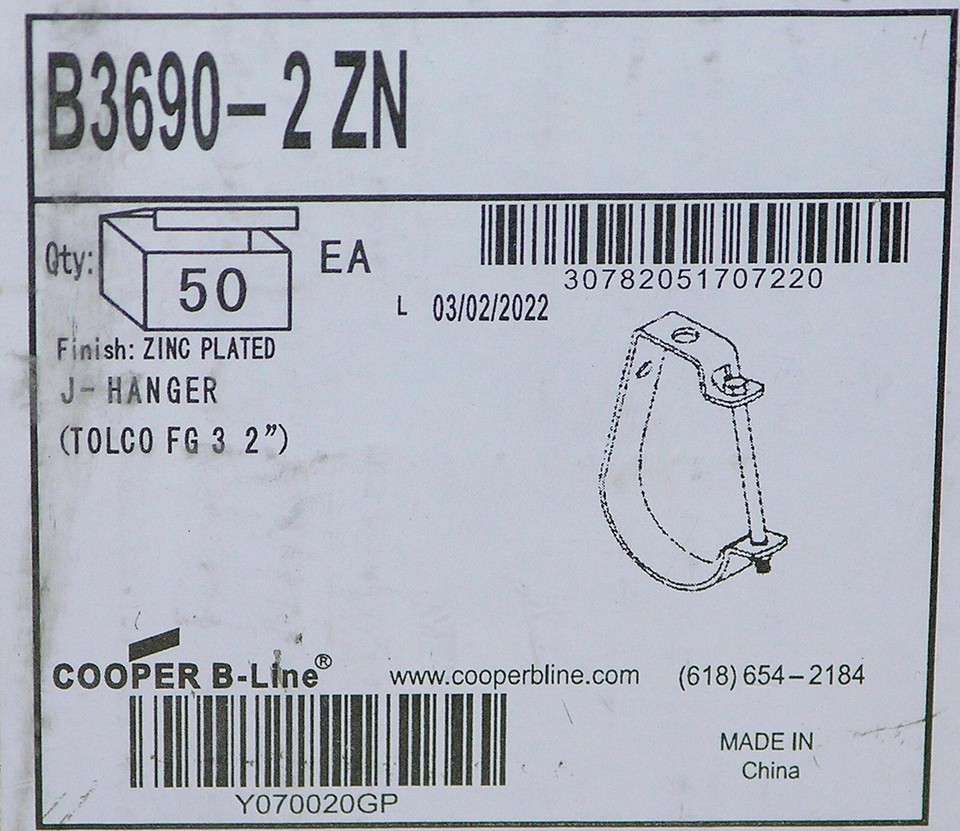 Eaton Adjustable J-Hanger B3690-2 ZN, 2 in Pipe, 3/8-16 Rod, 400 lb ...