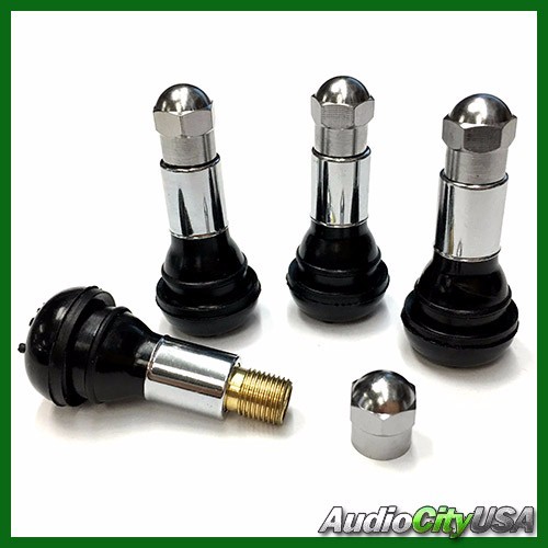 TR413 SNAP-IN TIRE VALVE STEMS WITH CAPS CHROME SLEEVE BLACK RUBBER (4 ...