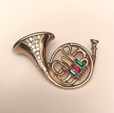 Vintage Figural French Horn Multi Color Rhinestone Pin Brooch Goldtone ...
