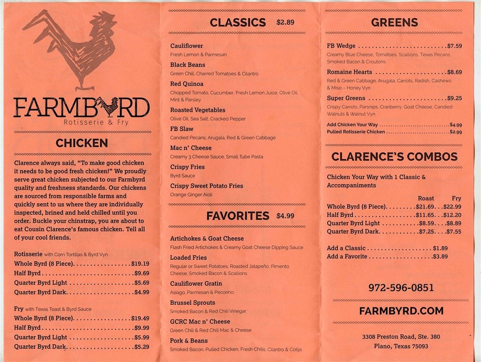 Farm Byrd Menu Cousin Clarence Famous Chicken Preston Road Plano Texas ...