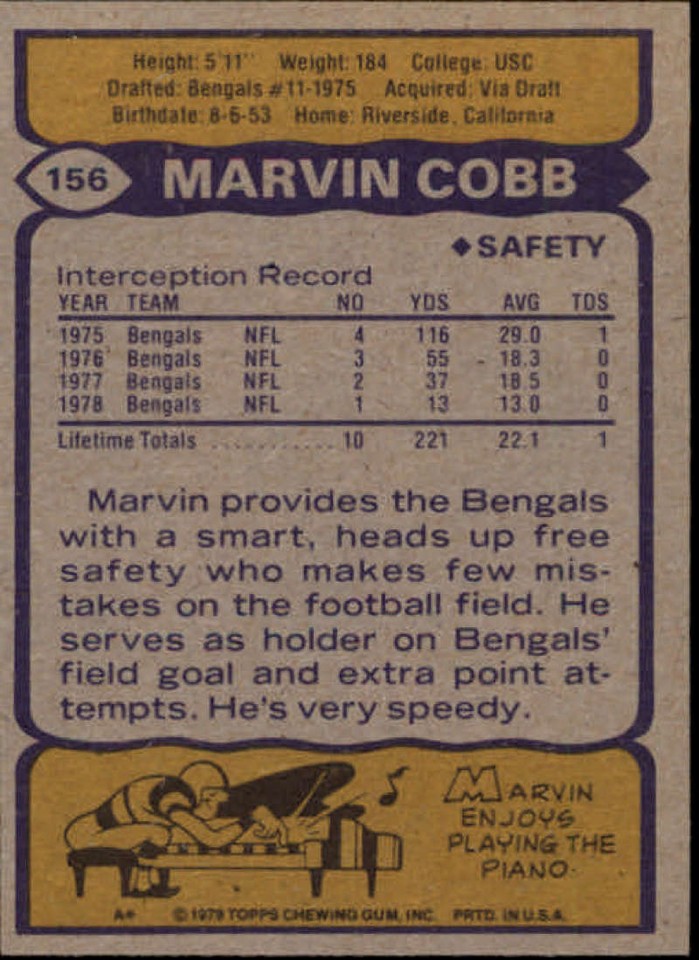 1979 Topps #156 Marvin Cobb Bengals NM-MT | eBay