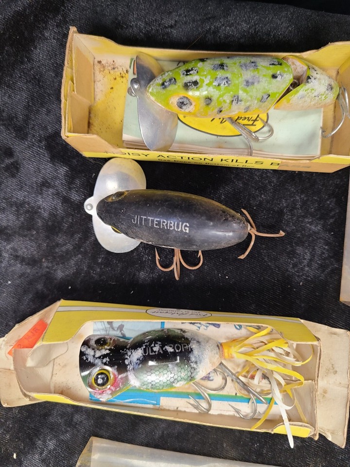 3 Vintage Fred Arbogast Fishing Lures Jitterbugs & Hula Popper 2 in ...