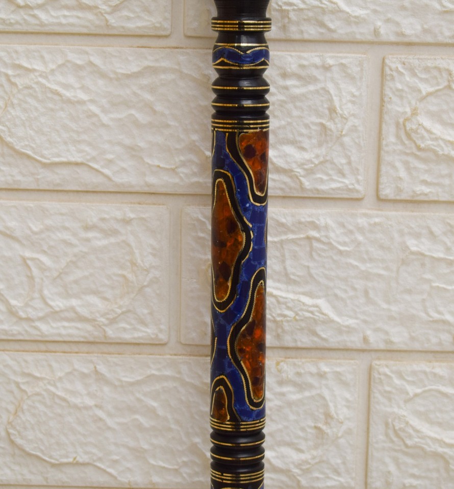 Handmade Ebony Wood Walking Cane: Lapis and Amber Inlay Round Handle ...