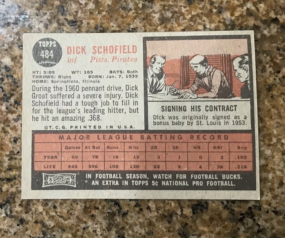 1962 TOPPS #484 DICK SCHOFIELD Sharp Corners Original Owner | eBay