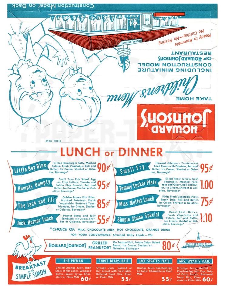 REPRINT - HOWARD JOHNSON'S RESTAURANT MODEL AND MENU - PROMOTIONAL ITEM ...