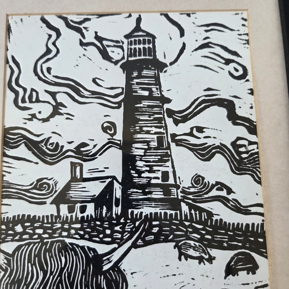 Lundy Lighthouse Signed Linocut Print 2/7 Framed Nautical Monochrome ...