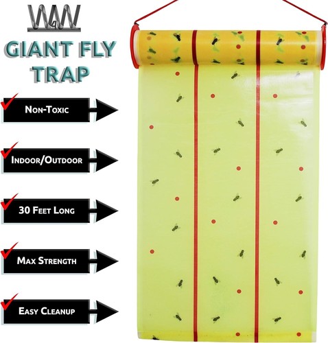 2 Pack Giant Sticky Fly Trap Roll MAX Strength Outdoor Indoor Non Toxic ...